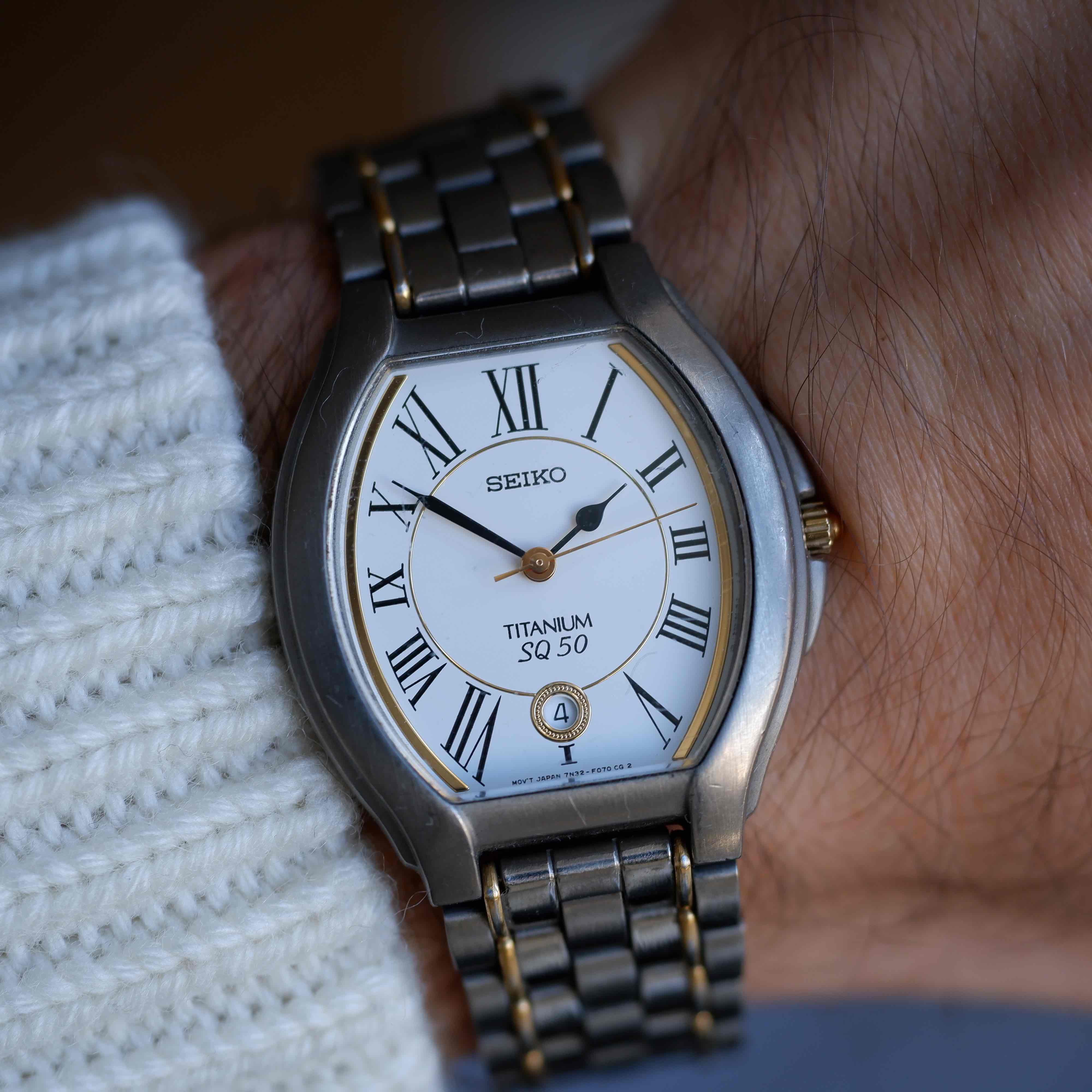 Vintage Seiko Tank Titanium SQ50 Date 90s Two-Tone White Roman Dial ...